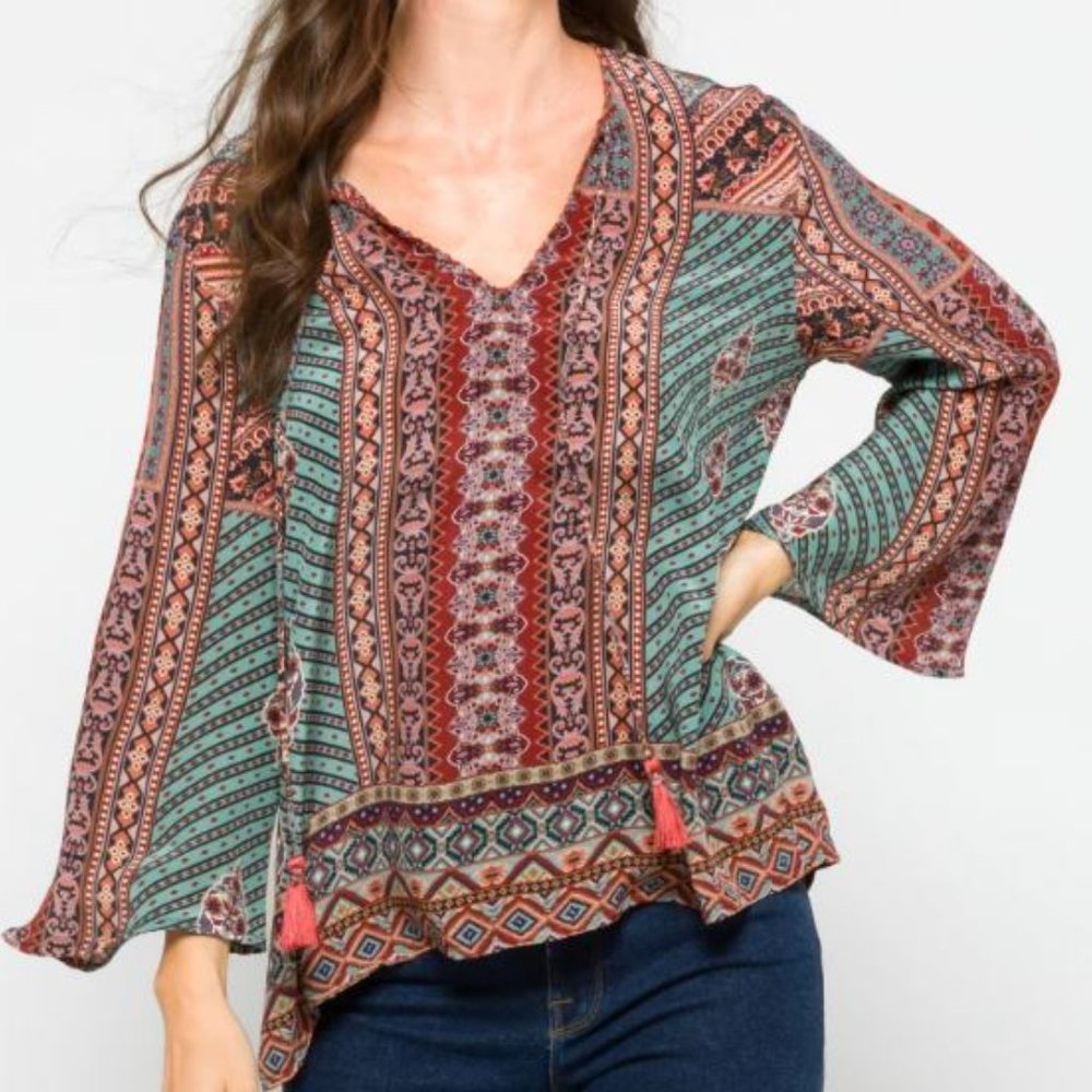 Tolani Farrah Silk Blouse - Geometric - Medium - Gem